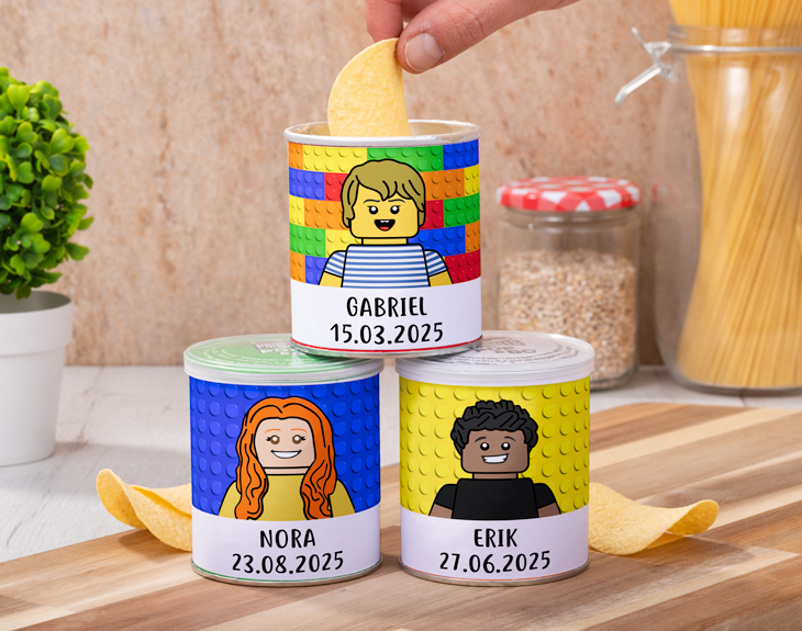 Frascos de Pringles "Família Lego" personalizados-MadeInGift